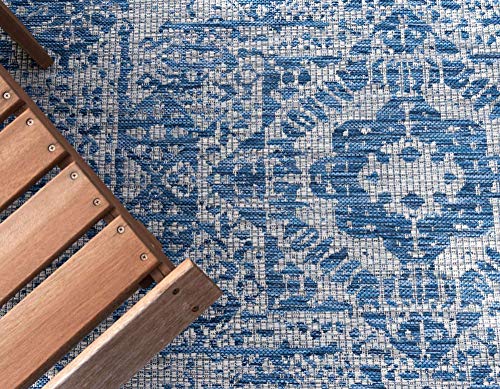 Unique Loom Outdoor Traditional Collection Area Rug - Timeworn (2' x 8' Runner, Blue/ Gray)