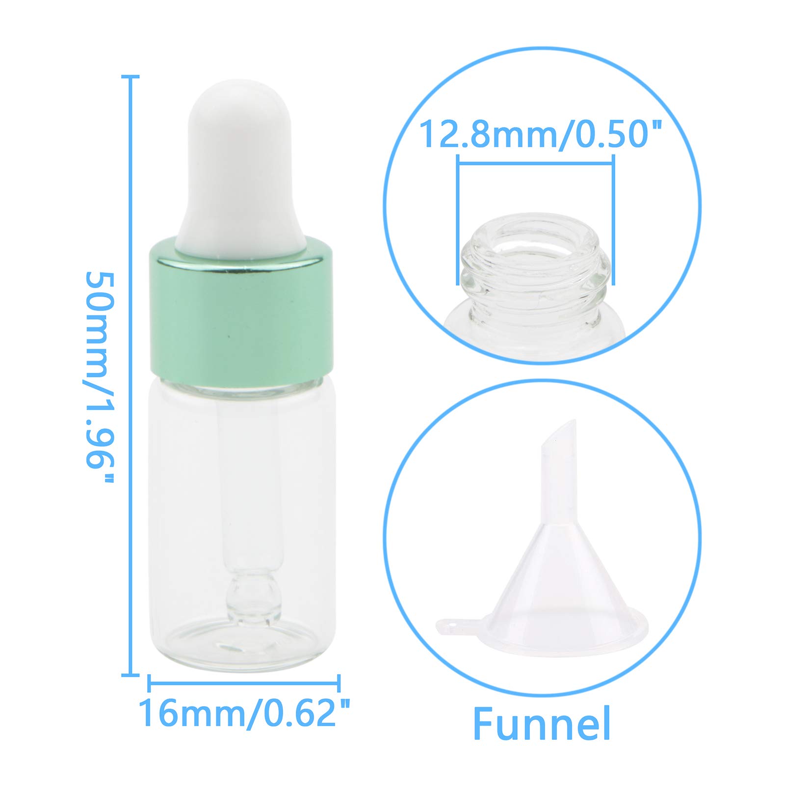 Newzoll 3ml Eye Dropper Bottles with Funnel, 18Pcs Clear Mini Glass Dropper Bottles Essential Oil Bottles Perfume Sample Vials Refillable Liquid Cosmetic Containers, Green Cap