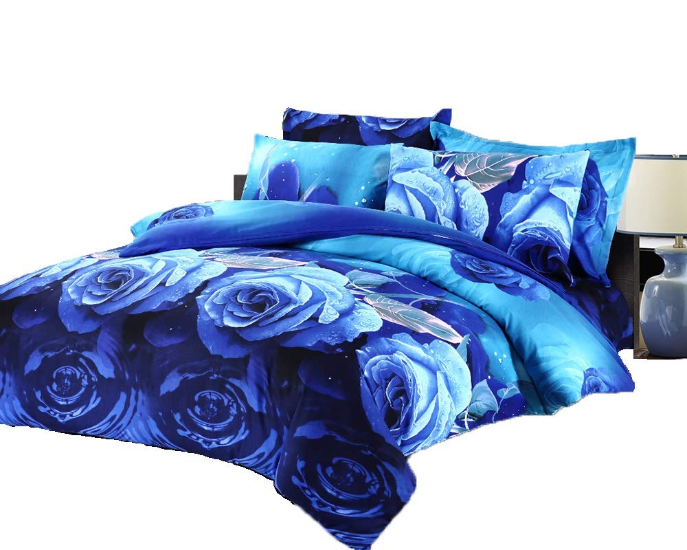 Swanson Beddings Blue Roses 3-Piece Bedding Set: Duvet Cover and Pillow Shams (California King)