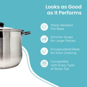 Professional Stainless Steel Stock Pot for Soup, Stock & Pasta with Glass Lid Encapsulated Base Gas Induction Capable - 12 qt size