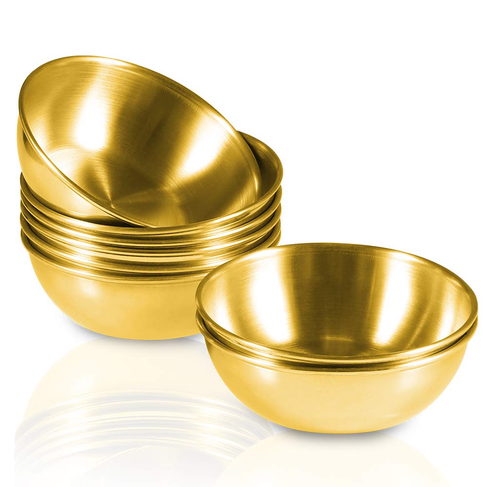 Amytalk 8 Pack 3.2inch Stainless Steel Sauce Dishes Mini Individual Saucers Bowl Round Seasoning Dishes Sushi Dipping Bowl Appetizer Plates, Golden