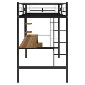 Metal Loft Bed Studio Loft Bunk Bed Over Desk and Bookcase with 2 Ladders and Keyboard Tray,Twin Loft Bed for Dorm, Boys & Girls Teens Kids, Black