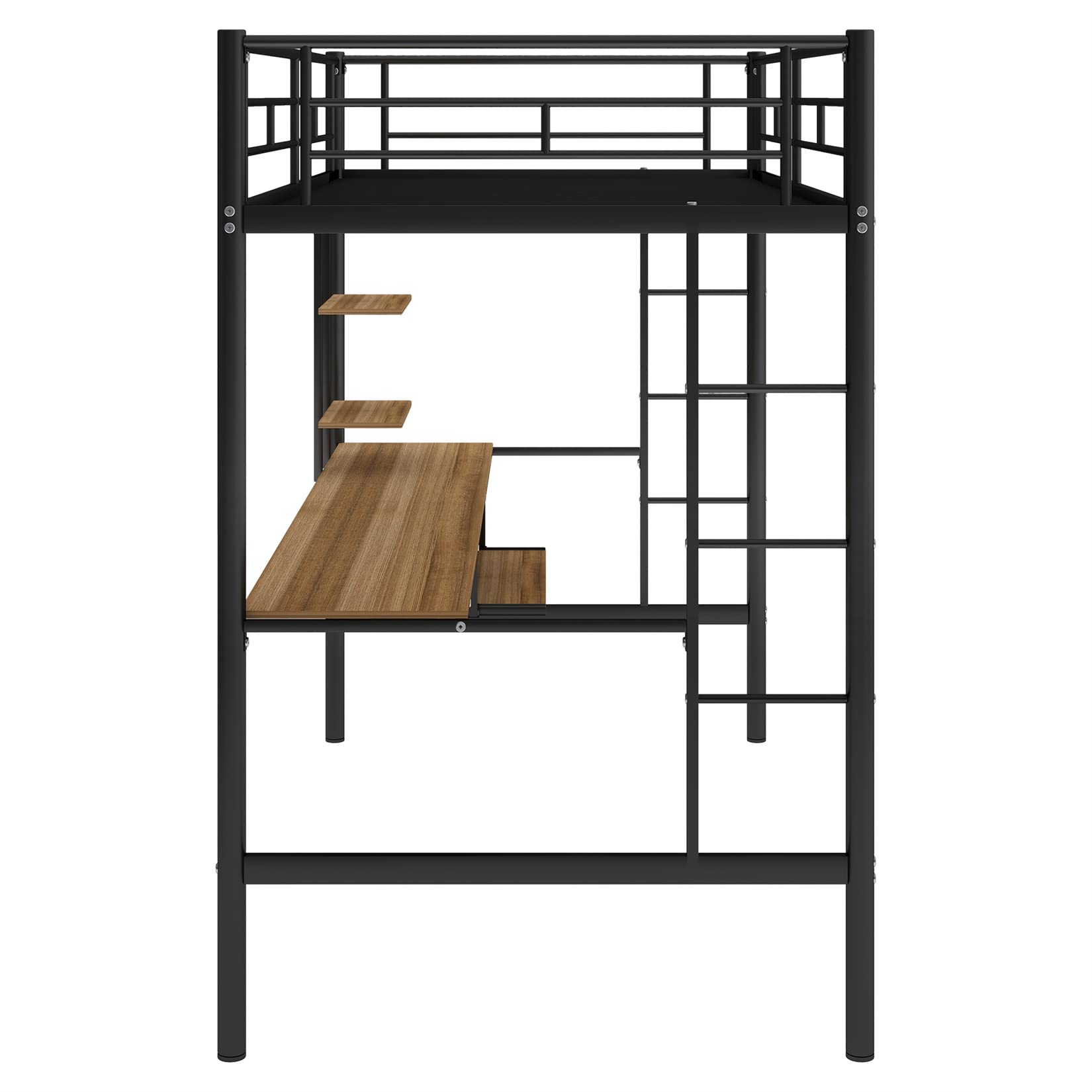 Metal Loft Bed Studio Loft Bunk Bed Over Desk and Bookcase with 2 Ladders and Keyboard Tray,Twin Loft Bed for Dorm, Boys & Girls Teens Kids, Black