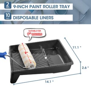 Touri 12 Pack 9 Inch Paint Tray and Liner Set, 10 Pcs Thickened Disposable Plastic Paint Tray Liners with 2 Set Paint Roller Trays, Paint Supplies for House Painting and DIY Projects