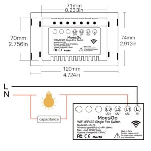 MoesGo 2nd Generation WiFi RF433 Smart Touch Wall Single Fire Smart Switch，No Neutral Wire Needed,Compatible with Smart Life/Tuya App, Works with Alexa and Google Home Single Pole 110V White 1 Gang