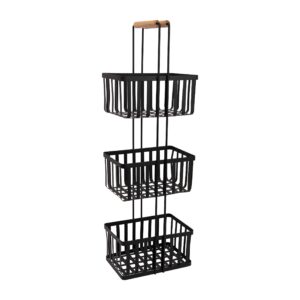 simplify 3 tier metal spa tower | bamboo handles | decorative shelving unit | baskets | bathroom storage | toiletries | towels | soap | black