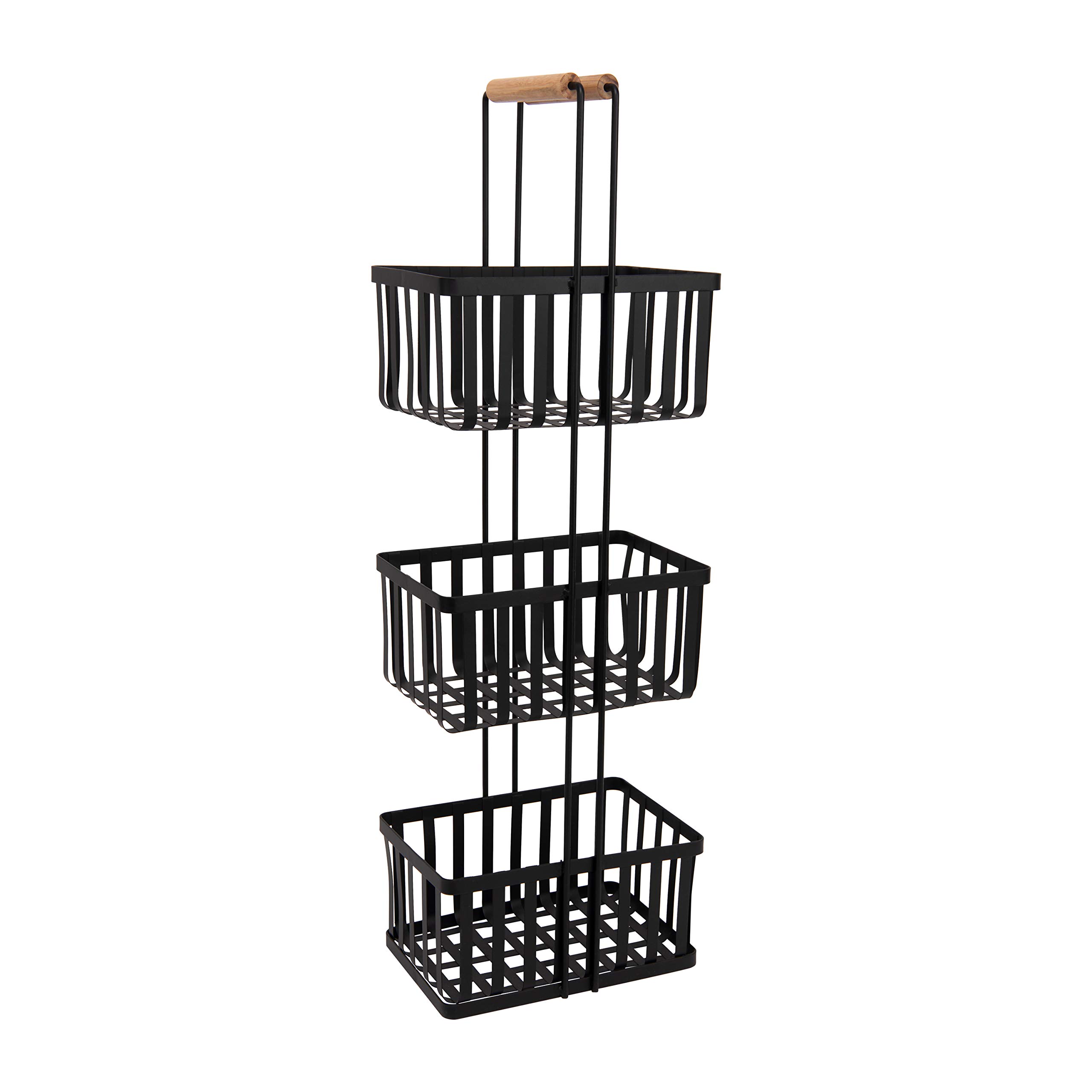 Simplify 3 Tier Metal Spa Tower | Bamboo Handles | Decorative Shelving Unit | Baskets | Bathroom Storage | Toiletries | Towels | Soap | Black