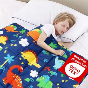 rokduk weighted blanket kids 3 pounds 36x48 in 100% oeko-tex breathable microfiber 1200tc toddler weighted blanket non-toxic glass beads small heavy blanket throw cartoon printed dark blue dinosaur