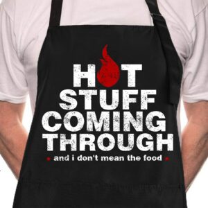 rosoz funny bbq black chef aprons for men, hot stuff coming through, adjustable kitchen cooking aprons with pocket waterproof oil proof valentine's day/birthday