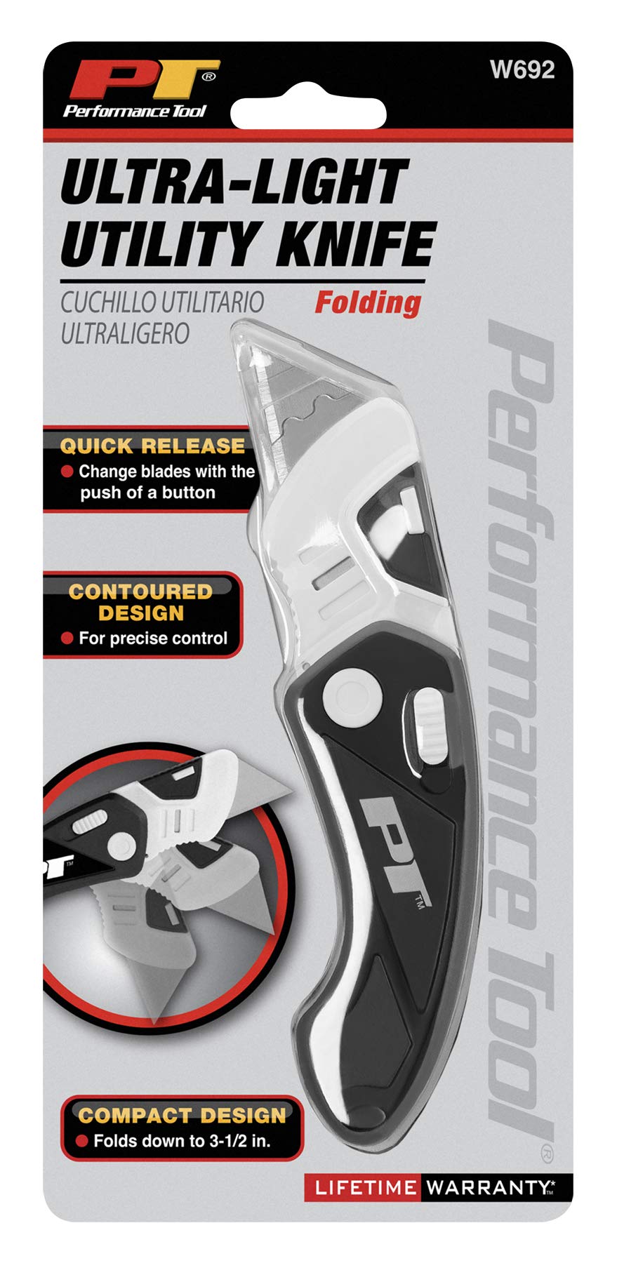 Performance Tool W692 Slim and Lightweight Utility Knife - High Impact ABS, Push-Button Blade Change, and Slide-Release Button for Safety