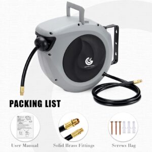 Air Hose Reel Retractable 3/8 in. x 50 ft Hybrid Polymer Hose, Retractable Auto-Rewind Enclosed Heavy Duty 180° Swivel Mount, Max 300PSI Commerical Polypropylene Grey