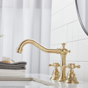 2 Handles Bathroom Faucet GGStudy Brushed Gold 2 Handles 3 Holes Widespread Bathroom Sink Facuet Farmhouse Washingroom Faucet Mixer Tap