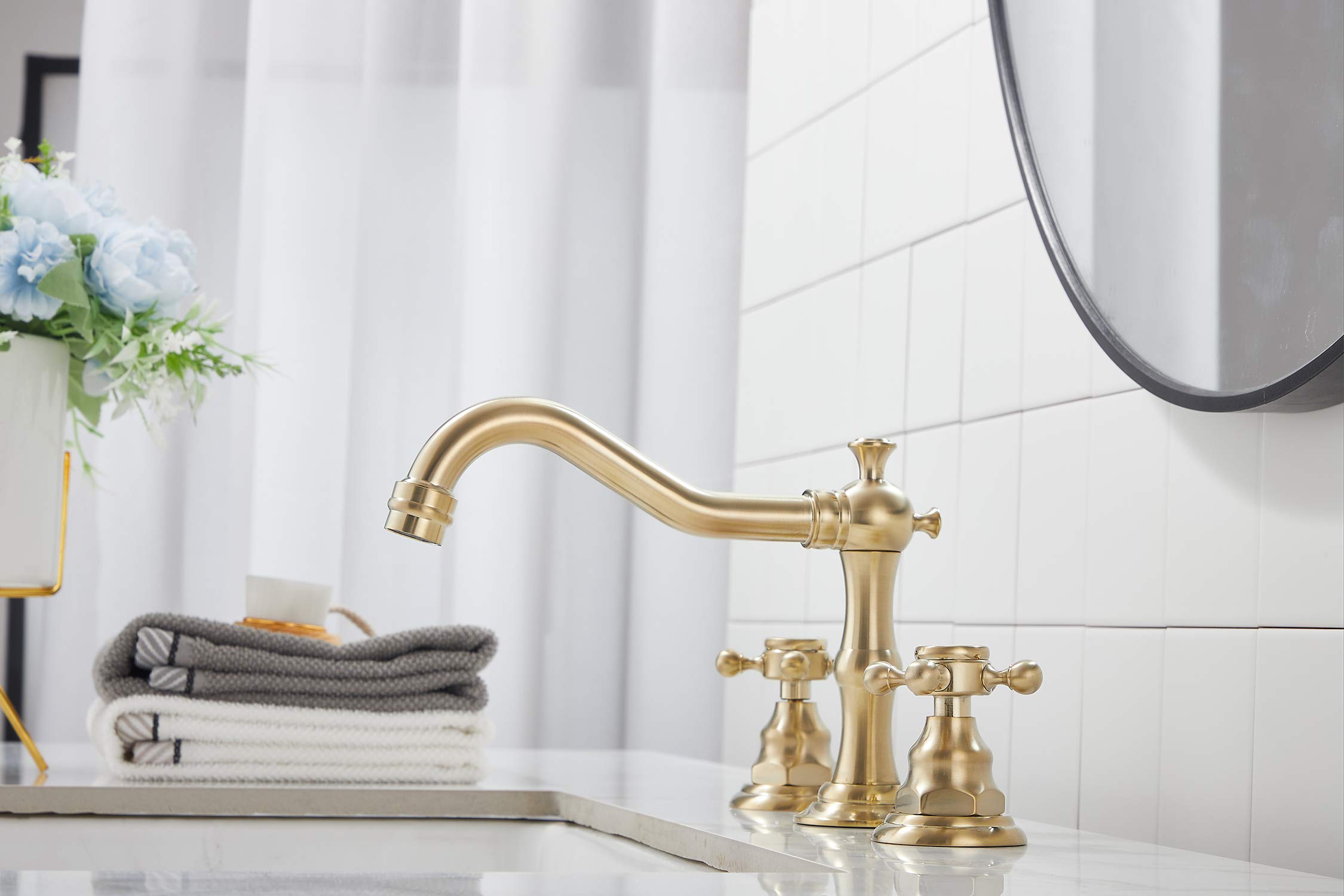 2 Handles Bathroom Faucet GGStudy Brushed Gold 2 Handles 3 Holes Widespread Bathroom Sink Facuet Farmhouse Washingroom Faucet Mixer Tap