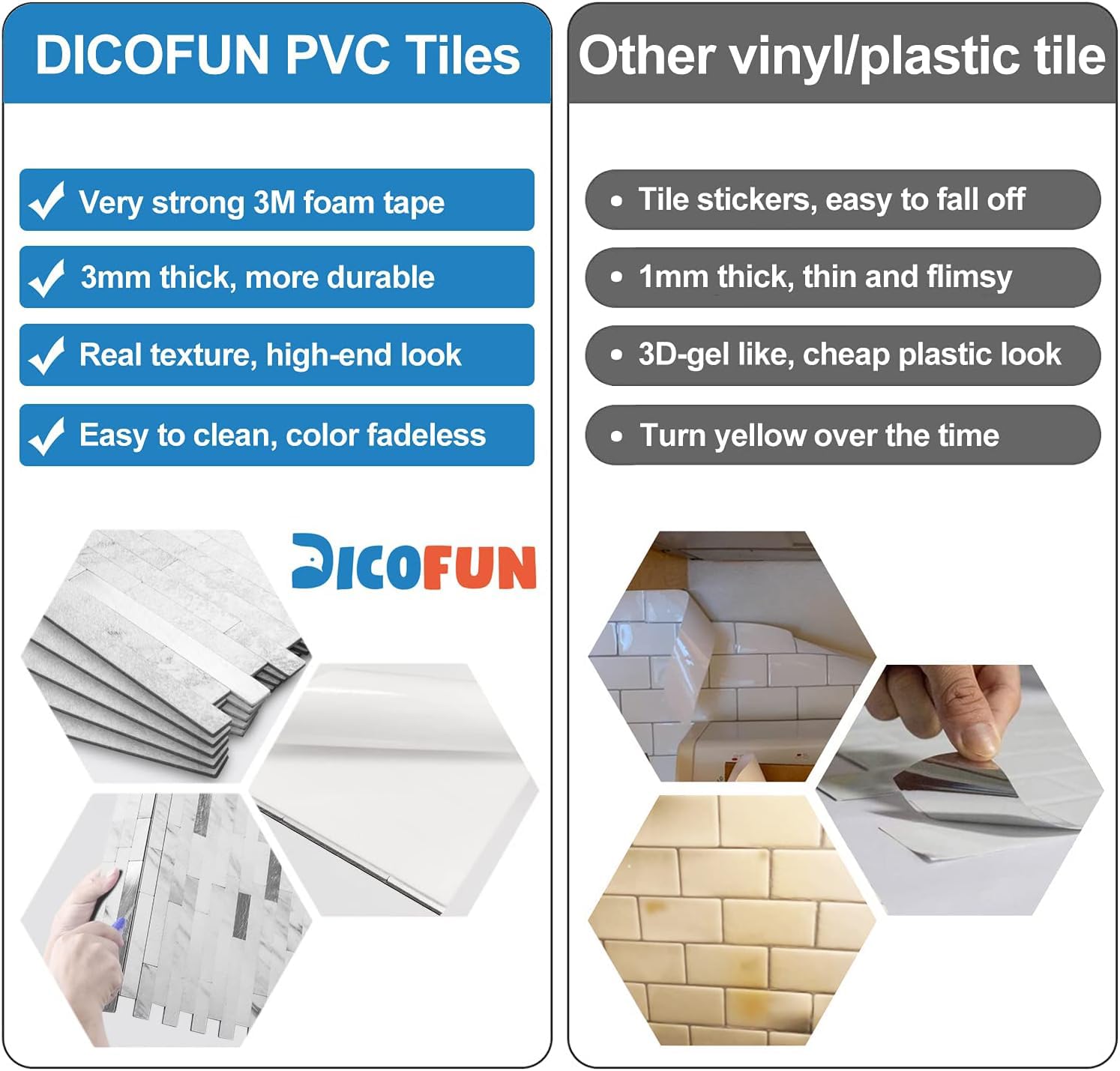 DICOFUN 10-Sheet Peel and Stick Backsplash Tile, Faux White Marble Look PVC Mixed Metal Stick on Backsplash Tiles for Kitchen, 9.4 sq.ft