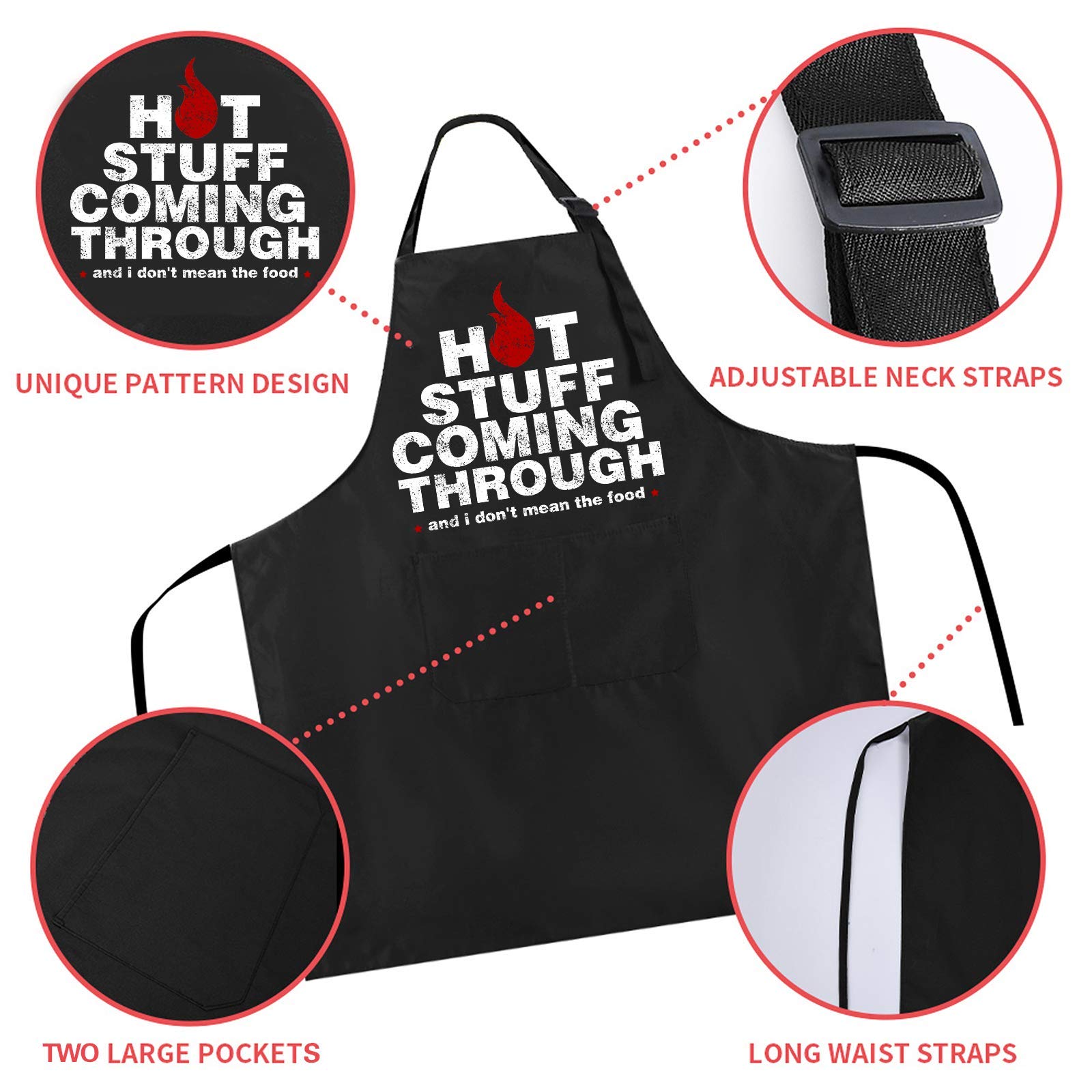 Rosoz Funny BBQ Black Chef Aprons for Men, Hot Stuff Coming Through, Adjustable Kitchen Cooking Aprons with Pocket Waterproof Oil Proof Valentine's Day/Birthday