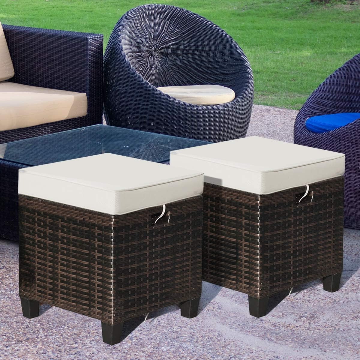 DORTALA 2 Piece Patio Wicker Ottomans, 2 in 1 Outdoor PE Rattan Side Table & Footstool Foot Rest with Cushions for Couch, Chair, Brown