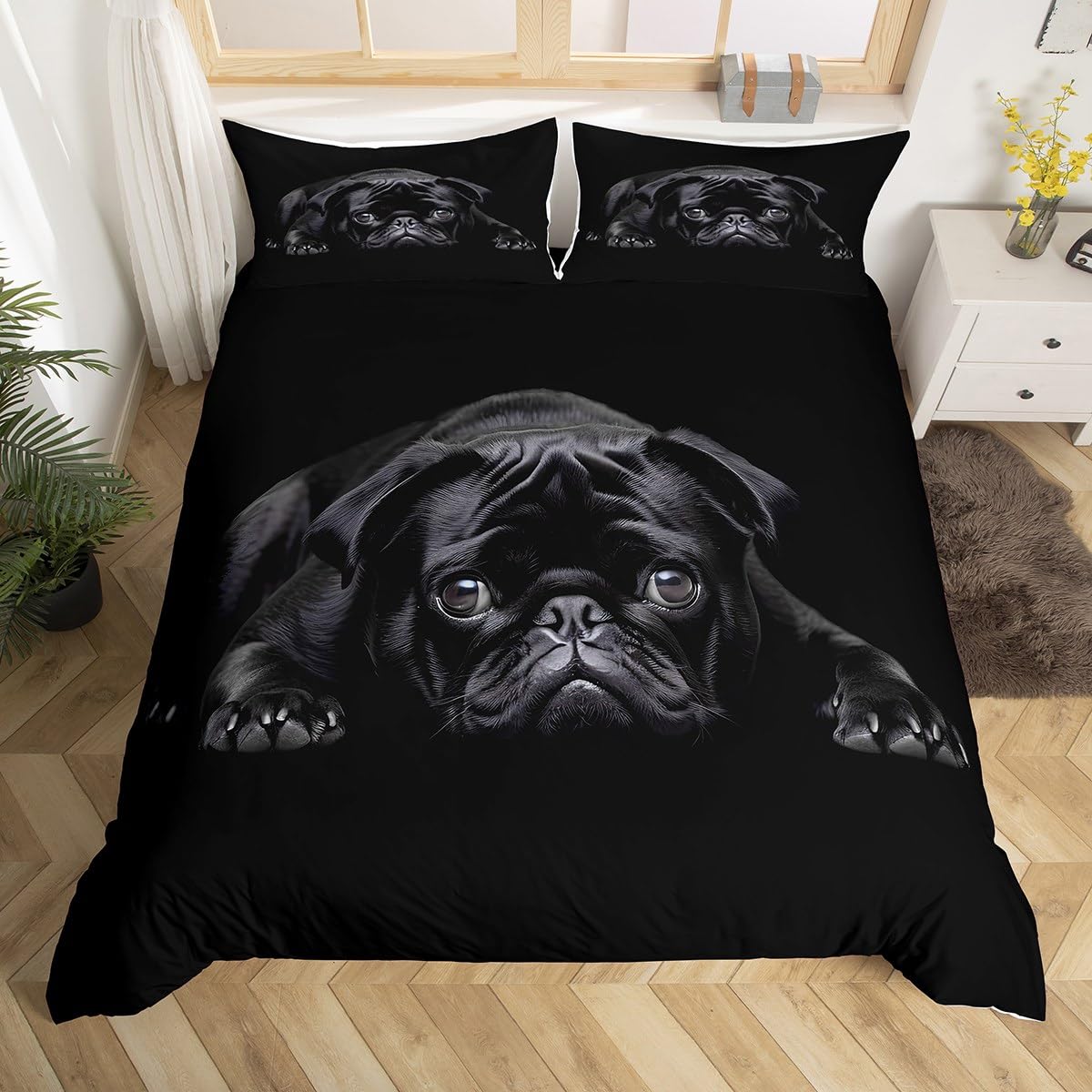 Dog Printed Duvet Cover Cute Pug Dog Bedding Set 3D Animal Theme Comforter Cover for Boys Girls Kids Room Decor Lovely Pet Dog Pattern Bedspread Cover Black Twin Size with 1 Pillow Case