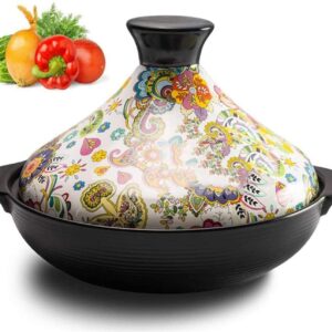 Ceramic Tagine Pot 2L Tajine Pots Flower Pattern|for Braising Slow Cooking|Ceramic Casserole Tagine Pot with Lid for Cooking Healthy Food