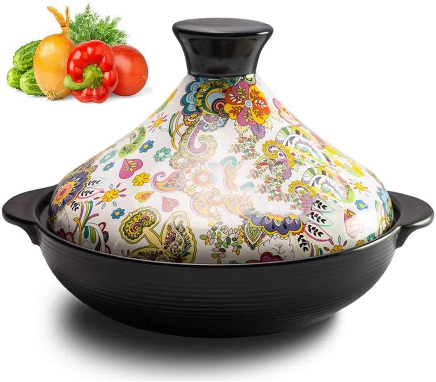 Ceramic Tagine Pot 2L Tajine Pots Flower Pattern|for Braising Slow Cooking|Ceramic Casserole Tagine Pot with Lid for Cooking Healthy Food