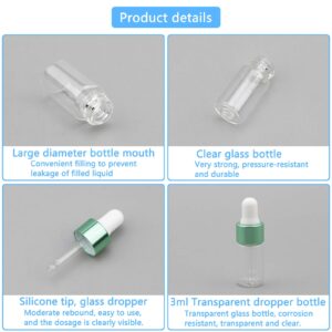 Newzoll 3ml Eye Dropper Bottles with Funnel, 18Pcs Clear Mini Glass Dropper Bottles Essential Oil Bottles Perfume Sample Vials Refillable Liquid Cosmetic Containers, Green Cap