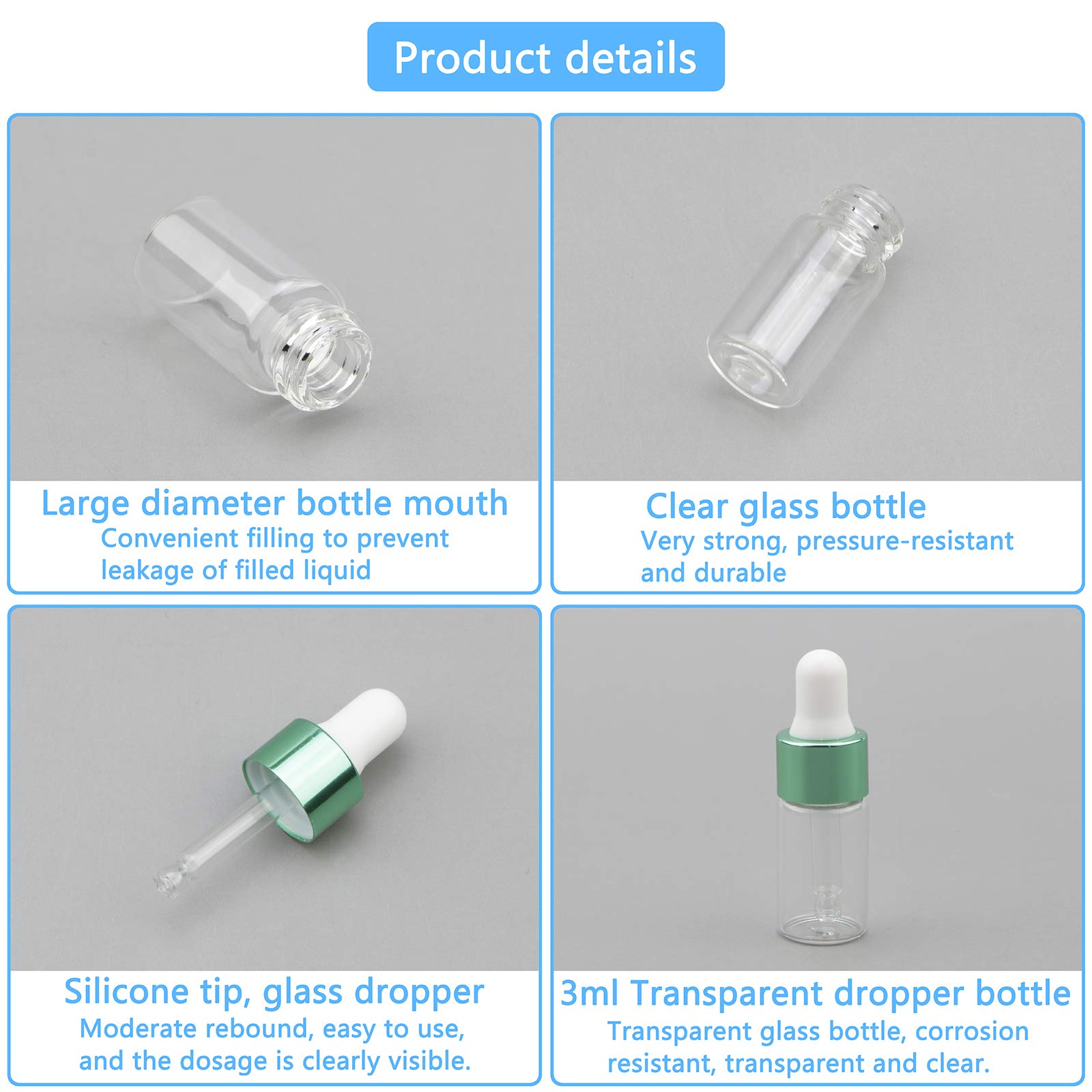 Newzoll 3ml Eye Dropper Bottles with Funnel, 18Pcs Clear Mini Glass Dropper Bottles Essential Oil Bottles Perfume Sample Vials Refillable Liquid Cosmetic Containers, Green Cap