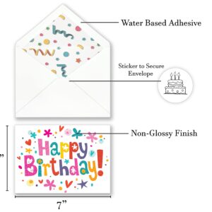 100 Happy Birthday Cards Bulk, Blank Inside with Envelopes and Stickers, – 20 Unique Bright Colorful Designs Notes, Large 5x7 Inches Folded, Thick Cardstock in a Sturdy Packaging