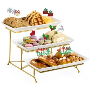 lauchuh 3 tier serving stand porcelain serving platter tier serving trays with collapsible sturdier rack, serving dishes and platters for thanksgiving, christmas, entertaining, gold, 12 inch