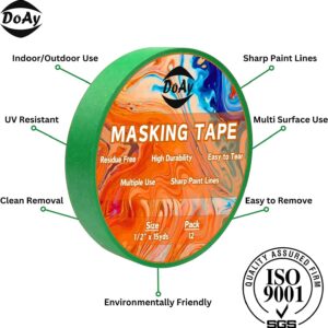 DOAY Colored Masking Tape 1/2" x 15 Yard - Multi Color - Multi Surface Use - 12 Bright Colors