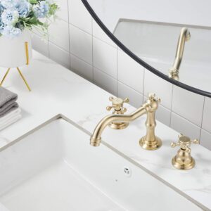 2 Handles Bathroom Faucet GGStudy Brushed Gold 2 Handles 3 Holes Widespread Bathroom Sink Facuet Farmhouse Washingroom Faucet Mixer Tap