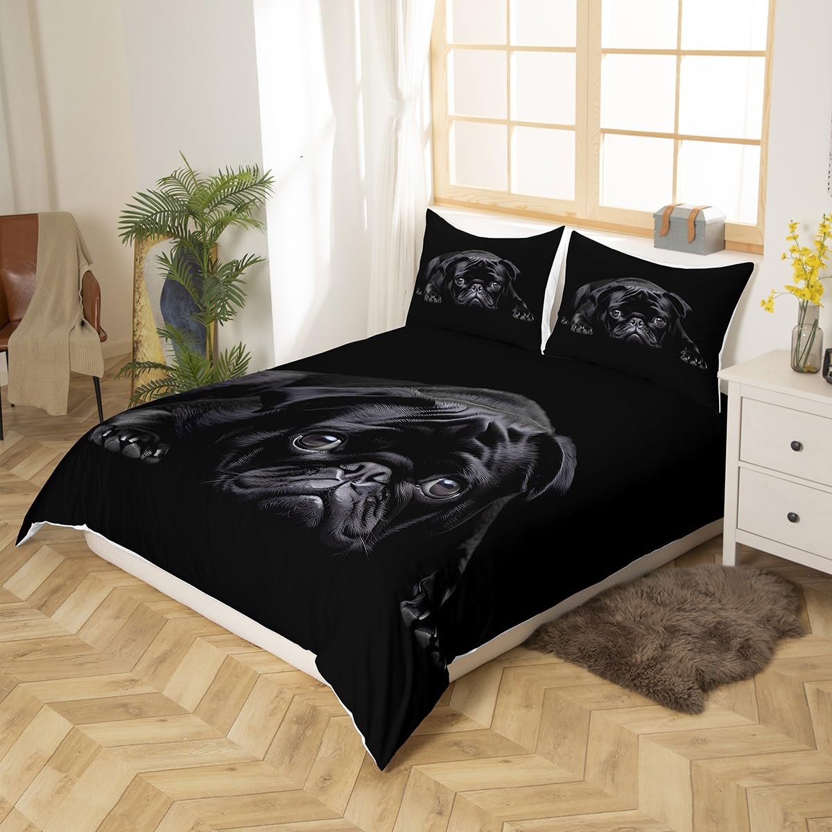 Dog Printed Duvet Cover Cute Pug Dog Bedding Set 3D Animal Theme Comforter Cover for Boys Girls Kids Room Decor Lovely Pet Dog Pattern Bedspread Cover Black Twin Size with 1 Pillow Case