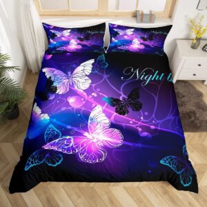 butterfly bedding set, fantasy butterflies fairy monarch inspiration animal dreamlike night garden theme comforter cover, decorative 3 piece duvet cover with 2 pillow shams, king size, teal purple