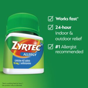 Zyrtec 24 Hour Allergy Relief Tablets, Indoor & Outdoor Allergy Medicine with 10 mg Cetirizine HCl Antihistamine for Allergies, Bundle of one, 30 ct Bottle & Three,1 ct Travel Packs