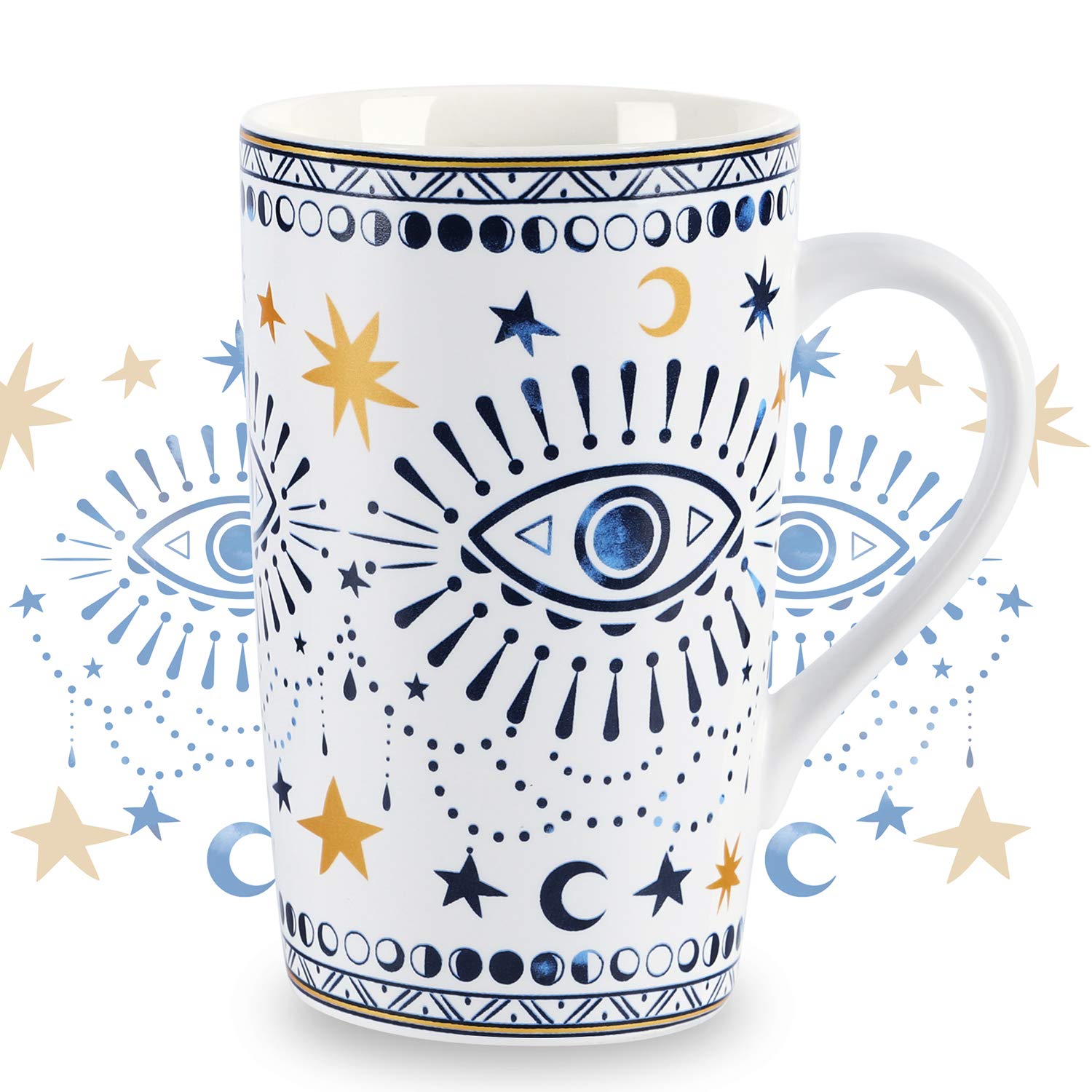 NymphFable Ceramic Coffee Mug 18oz Boho Eyes Coffee Cups with Handle Personalized Baking Pattern Tea Cup Large