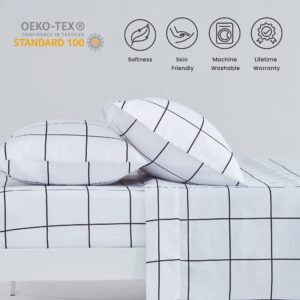 SLEEP ZONE Printed Plaid Twin Bed Sheets Set for Kids 3 Piece - Double Brushed Microfiber Super Soft Breathable Bedding Sheets with 16 inch Deep Pocket (Black Grid Printed on White)