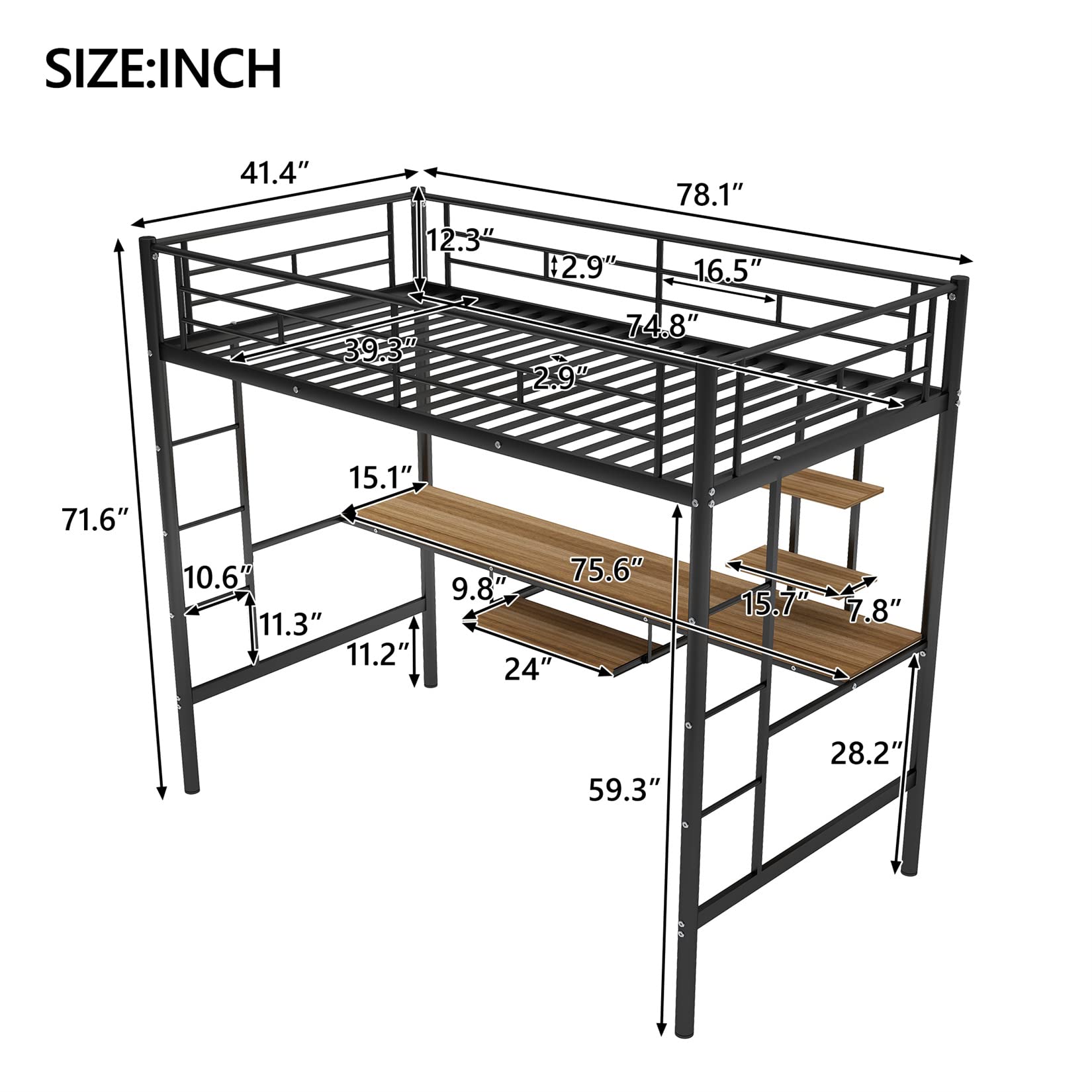 Metal Loft Bed Studio Loft Bunk Bed Over Desk and Bookcase with 2 Ladders and Keyboard Tray,Twin Loft Bed for Dorm, Boys & Girls Teens Kids, Black