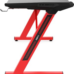 GAMDIAS Zeus Large Gaming Desk with Carbon Fiber Look Surface Home Office Computer Table, Gamer Workstation with The Cup Headset Holder, Black, Red