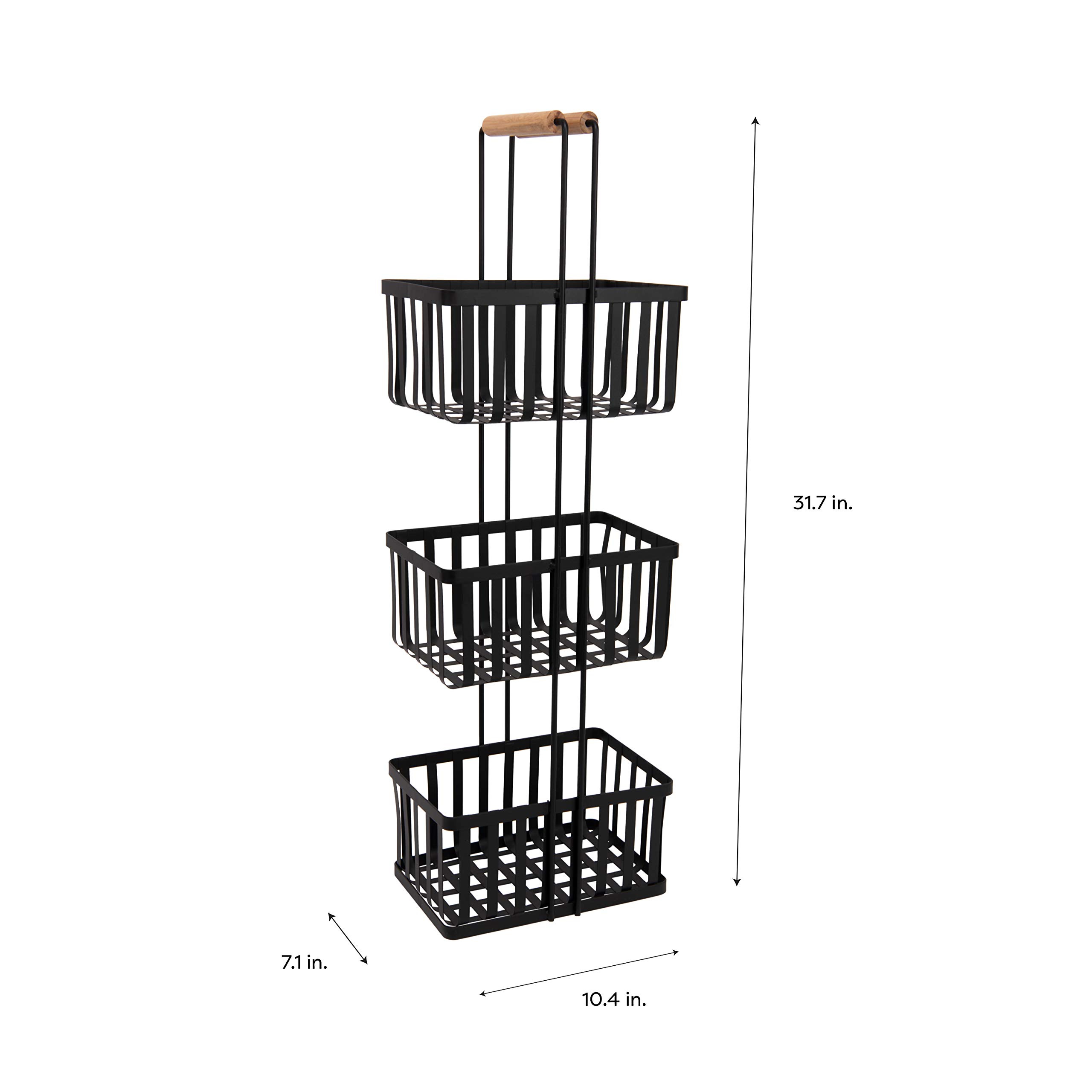 Simplify 3 Tier Metal Spa Tower | Bamboo Handles | Decorative Shelving Unit | Baskets | Bathroom Storage | Toiletries | Towels | Soap | Black