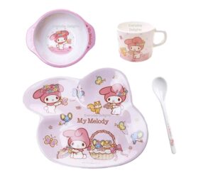 everyday delights my melody rabbit dinnerware flatware meal set for girls – plate bowl cup spoon, 4 pieces, pink