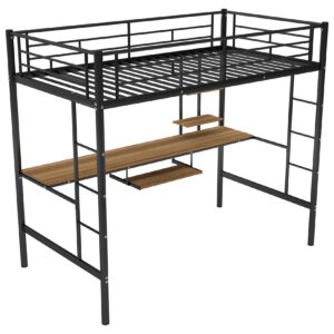 Metal Loft Bed Studio Loft Bunk Bed Over Desk and Bookcase with 2 Ladders and Keyboard Tray,Twin Loft Bed for Dorm, Boys & Girls Teens Kids, Black