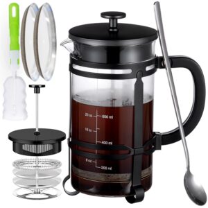 french press coffee tea maker（34oz）,304 stainless steel coffee press with 4 filters screen-100% no residue -german heat-resistant borosilicate glass- bpa free -dishwasherable, black