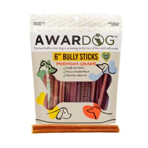 awardog odor-free bully sticks (6 inch, 25 pack standard thickness), fully digestible 100% beef pizzle chews, grass-fed, grain-free, natural long-lasting chews for small & large dogs - 25 count