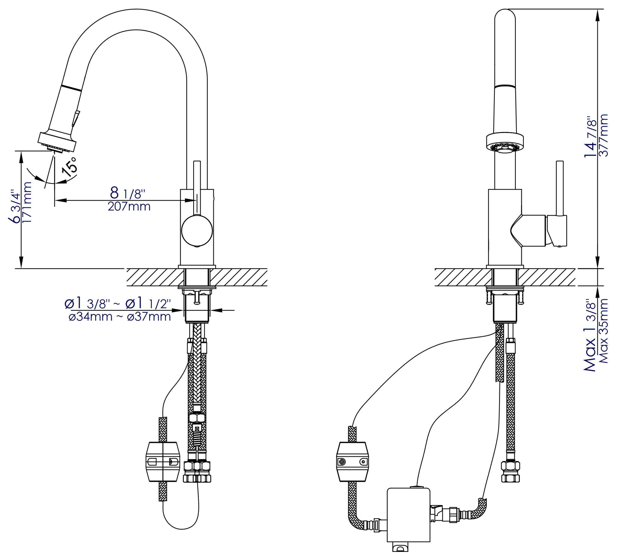 ALFI brand ABKF3262-PC Kitchen Faucet, 14.9"H, Polished Chrome