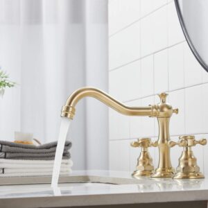 2 Handles Bathroom Faucet GGStudy Brushed Gold 2 Handles 3 Holes Widespread Bathroom Sink Facuet Farmhouse Washingroom Faucet Mixer Tap