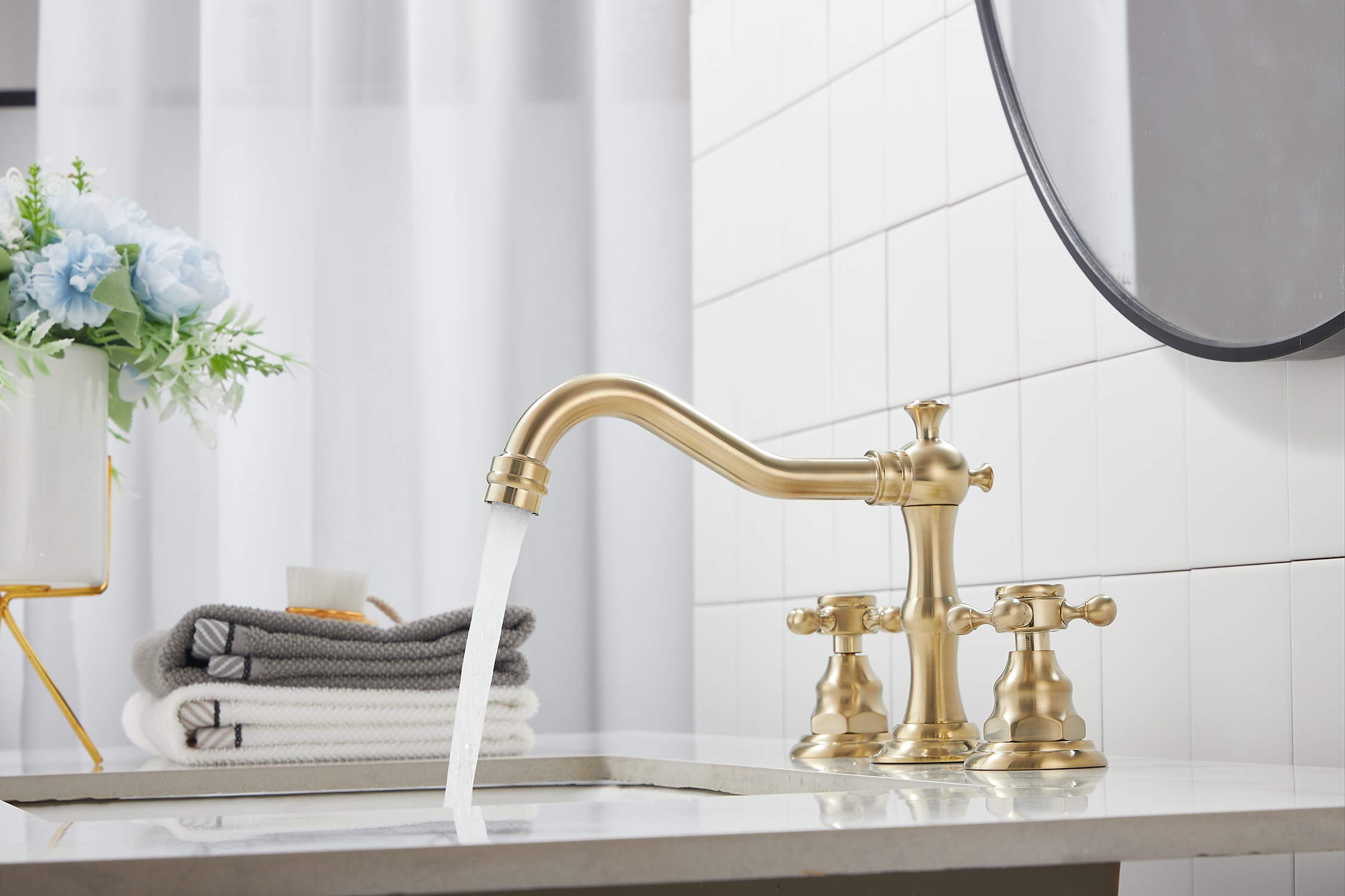 2 Handles Bathroom Faucet GGStudy Brushed Gold 2 Handles 3 Holes Widespread Bathroom Sink Facuet Farmhouse Washingroom Faucet Mixer Tap