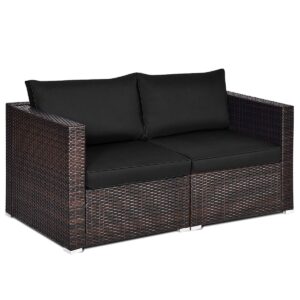 tangkula wicker loveseat 2 piece, patio furniture couch with removable cushions, rattan loveseat sofa for balcony, deck, garden and poolside