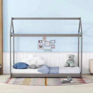 Twin Size House Bed, Wooden Daybed, Floor Bed for Toddlers, Teens, Girls, Boys, Kids House Bed Frame Can Be Decorated (Gray)