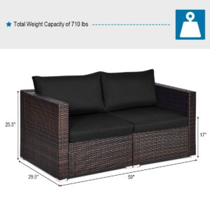 Tangkula Wicker Loveseat 2 Piece, Patio Furniture Couch with Removable Cushions, Rattan Loveseat Sofa for Balcony, Deck, Garden and Poolside