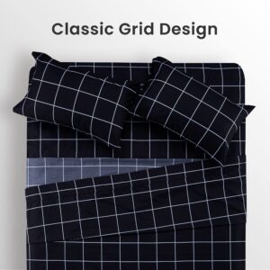 SLEEP ZONE Printed Plaid Twin Bed Sheets Set for Kids 3 Piece - Double Brushed Microfiber Super Soft Breathable Bedding Sheets with 16 inch Deep Pocket (White Grid Printed on Black)