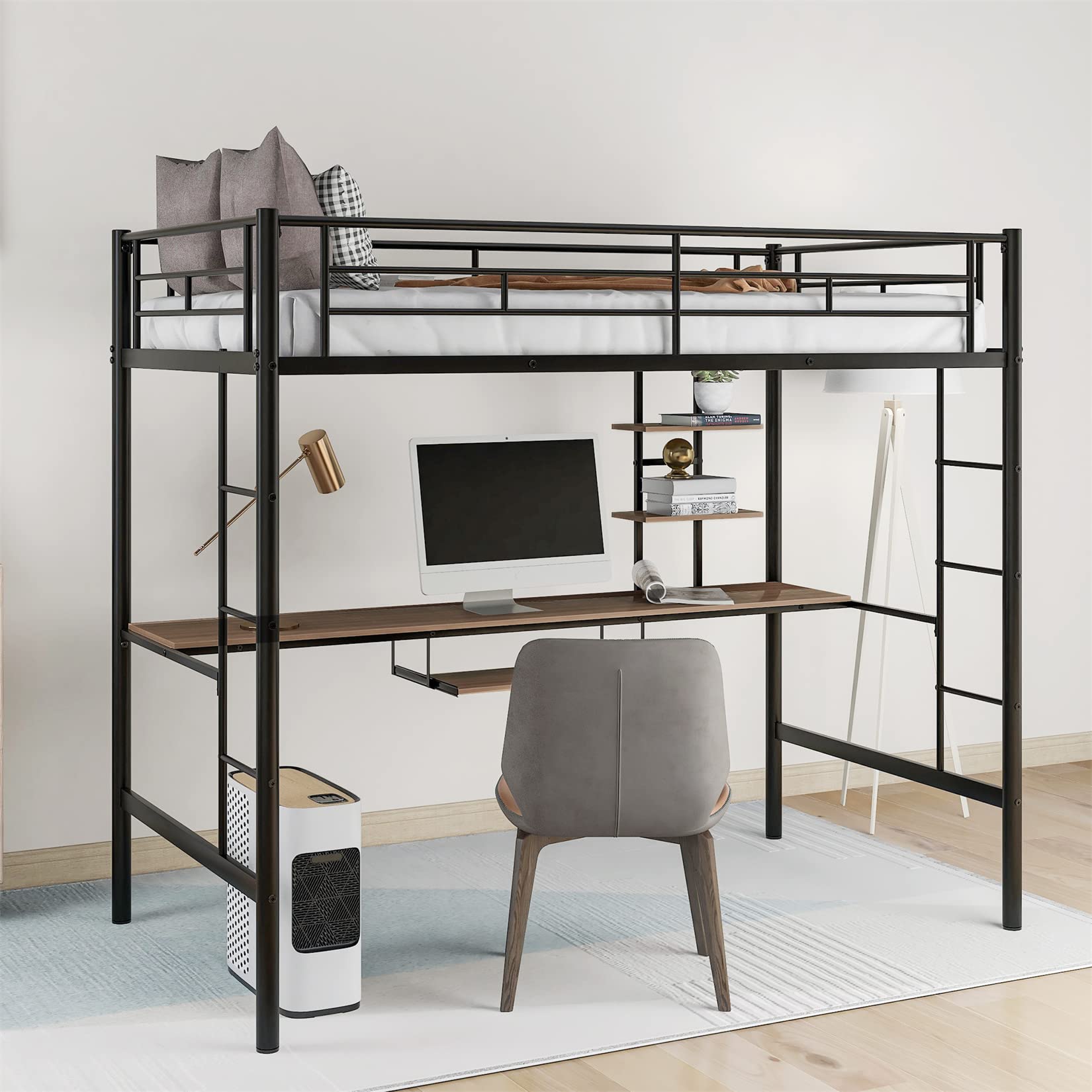 Metal Loft Bed Studio Loft Bunk Bed Over Desk and Bookcase with 2 Ladders and Keyboard Tray,Twin Loft Bed for Dorm, Boys & Girls Teens Kids, Black