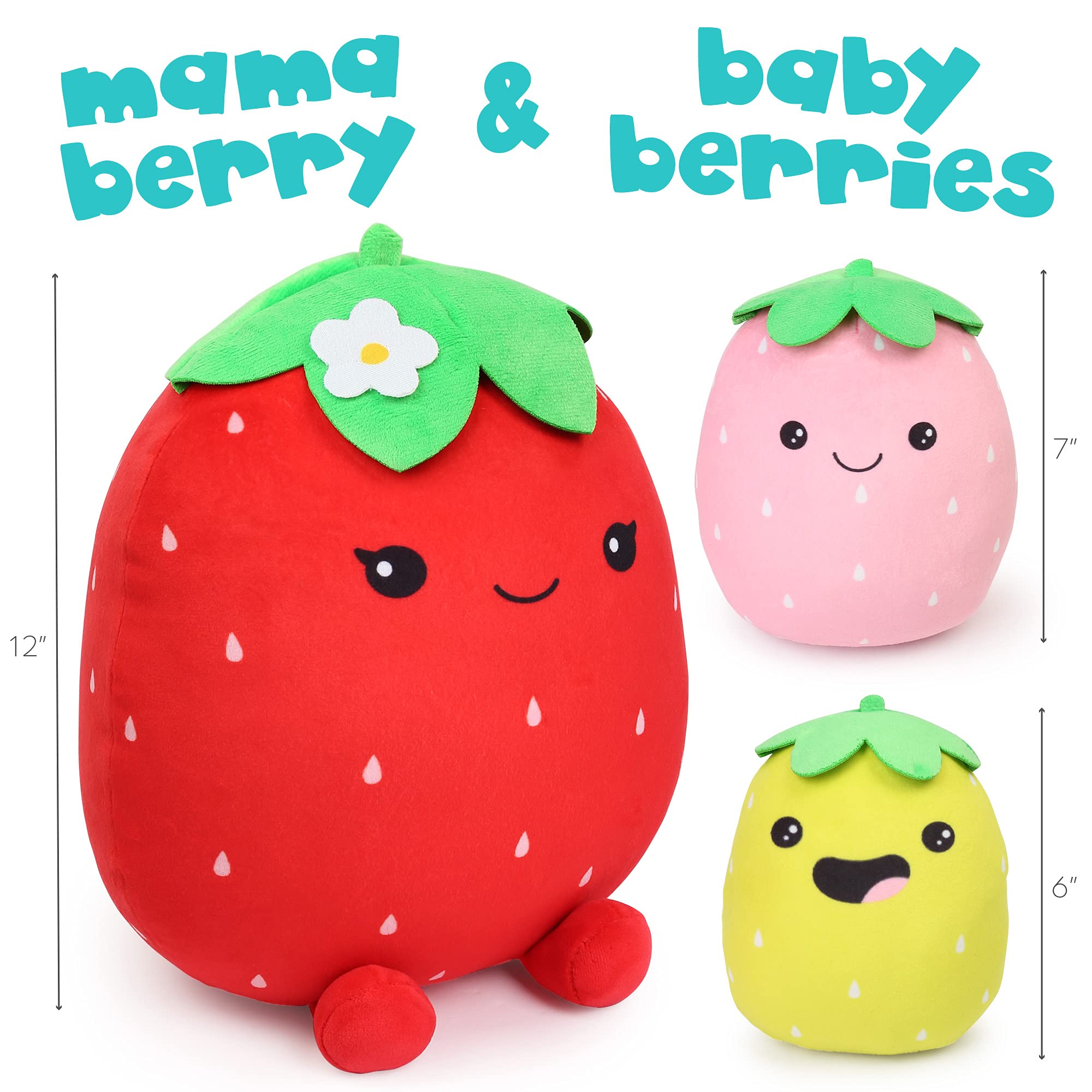 BenBen Strawberry Plush Toy, Set of 3, 12'', 7'' and 6'', Squishy Fruit Stuffed Plushies, Soft Hugging Cushion, Plush Pillow for Girls, Home Decorations, Easter Gifts